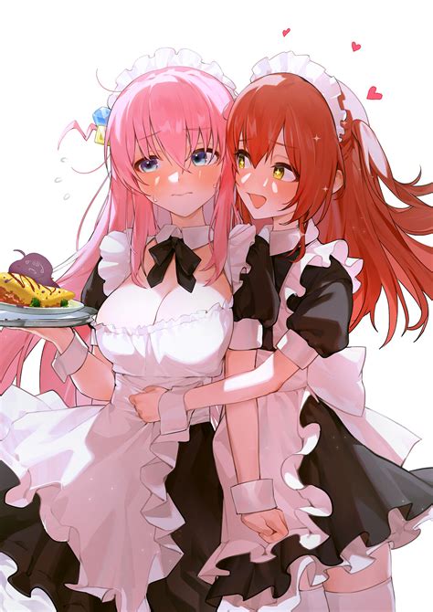 Two Women Cleavage Anime Boobs Maid Outfit Bocchi The Rock Food Blushing Heart Anime
