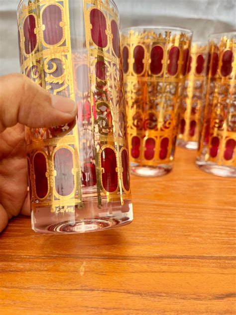 Set Of 6 Mid Century Modern Gold And Cranberry Red Highball Culver