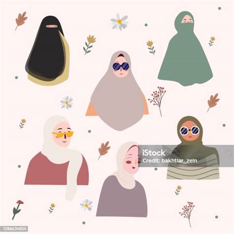 이슬람 여성 세트 컬렉션 에 무슬림 드레스 히잡 Niqab 자연 꽃 배경 플랫 만화 스타일 이슬람교에 대한 스톡 벡터 아트 및