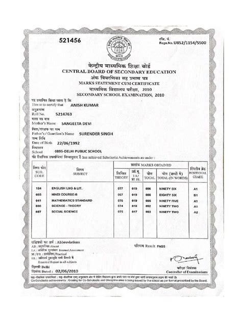 Anish Kumar 10th Marksheet Page 0001 Pdf