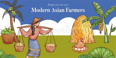 Blog Header Template With Asian Farmer Concept Watercolor Style Stock