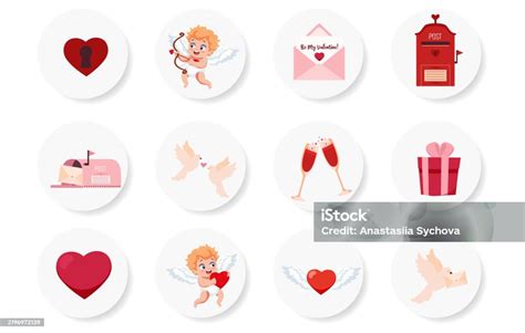 벡터 발렌타인 데이 큰 라운드 스티커 세트 선물 배너 엽서 인사말 카드를 장식하기 위한 귀여운 로맨틱한 디자인 사랑과 발렌타인 데이 컨셉 계절에 대한 스톡 벡터 아트 및