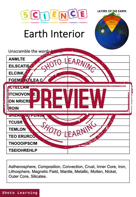 Earth Interior Science Activity Scramble Words Unscramble Vocabulary