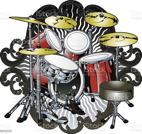 Drum Set Detailed With Flourish Background Stock Illustration