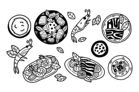 un negro y blanco dibujo de un variedad de alimentos incluso camarón pescado Vector