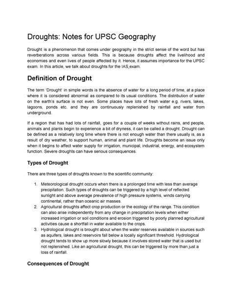 Droughts Notes For UPSC Geography Droughts Notes For UPSC Geography Drought Is A Phenomenon