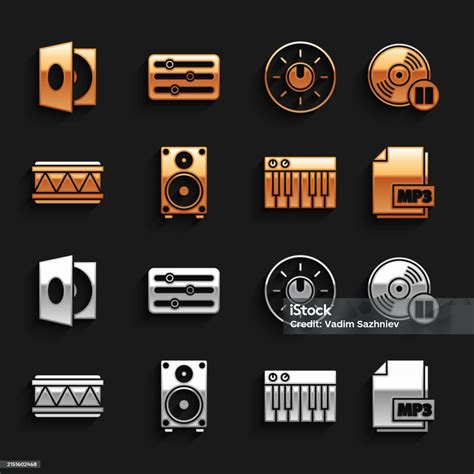 스테레오 스피커 비닐 디스크 Mp3 파일 문서 음악 신디사이저 드럼 다이얼 노브 레벨 기술 설정 비닐이 있는 플레이어 및 사운드 믹서 컨트롤러 아이콘을 설정합니다 벡터 Dj