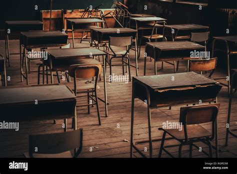View Of Classroom With Rows Of Aged Babe Tables In Building Stock Photo Alamy