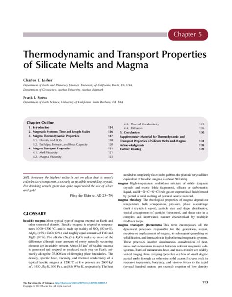 Pdf Thermodynamic And Transport Properties Of Silicate Melts And Magma