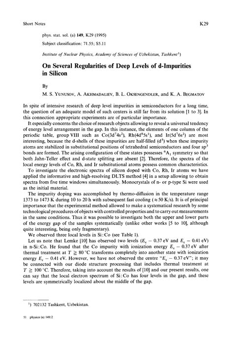 Pdf On Several Regularities Of Deep Levels Of D Impurities In Silicon