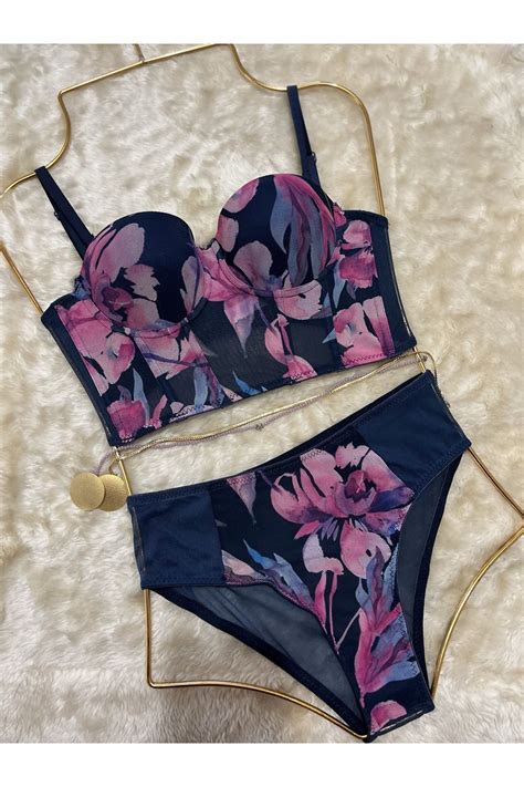 Lunary Supported Floral Printed Navy Blue Bra Bralet Set Womens