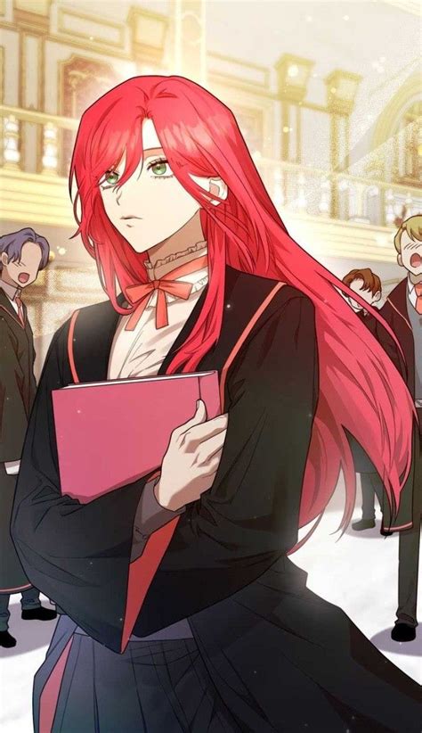 An Anime Character With Red Hair Holding A Pink Folder In Front Of Other People Standing Around
