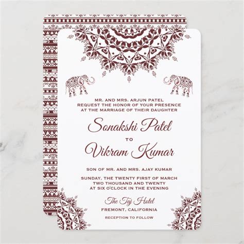 Elegant Burgundy Henna Indian Wedding Invitation Zazzle