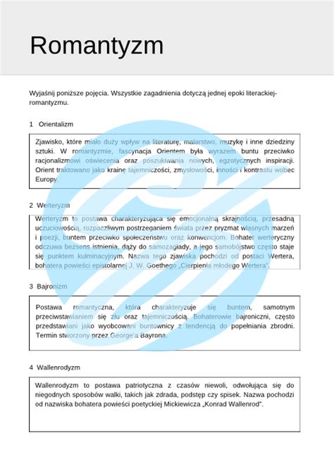 Romantyzm Najważniejsze Zagadnienia Karty Pracy dla Maturzystów