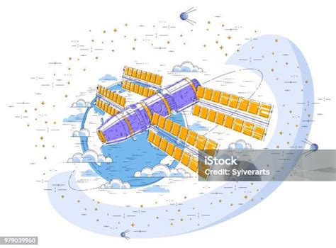 우주 역 비행 지구 태양 전지 우주선 우주선이 Iss 인공 위성 별과 다른 요소에 의해 둘러싸인 주위 궤도 Spaceflight