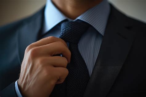 Close Up Of Skilled Business Man Hand Adjust His Necktie At Modern Suit