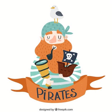 Fondo de simpático pirata con catalejo y barco Vector Gratis