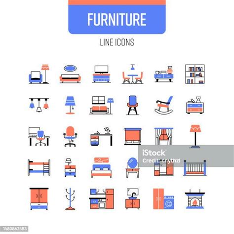 Furniture Line Icon Set Sofa Dining Table Wardrobe Bookshelf向量圖形及更多插圖圖片