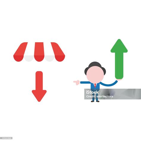벡터 일러스트 레이 션 사업가 문자 지주 화살표 이동 하 고가 게 상점 차일 밑 이동 화살표를 가리키는 개념에 대한 스톡 벡터