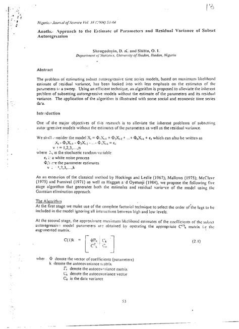 Pdf Another Approach To Estimate Of Parameters And Residual Variance Of Subset Autoregressive