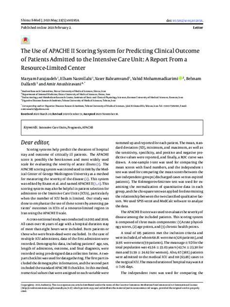 Pdf The Use Of Apache Ii Scoring System For Predicting Clinical