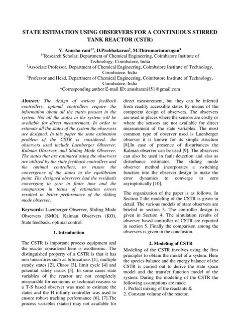 Pdf State Estimation Using Observers For A Continuous Stirred Tank