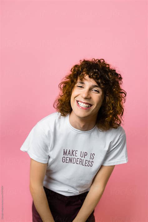 Make Up Is Genderless Tshirt On A Smiling Young Man By Stocksy
