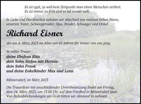 Traueranzeigen Von Richard Eisner Trauer Nordkurier