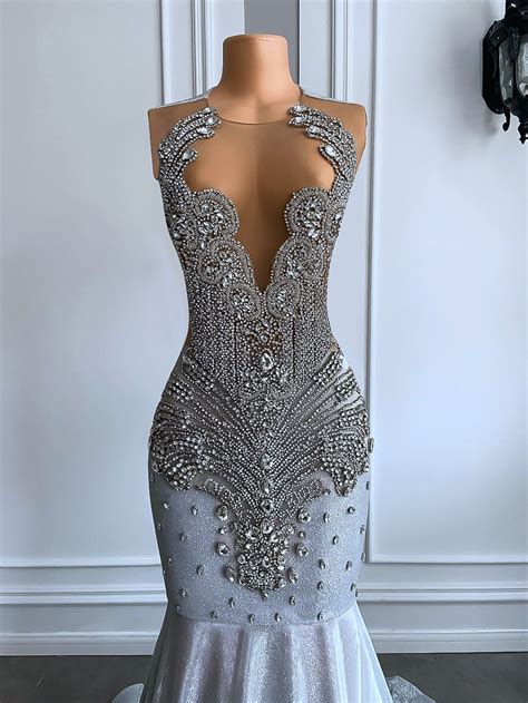 Women Silver Long Mermaid Prom Dresses 2023 Sexy Sheer Mesh Luxury
