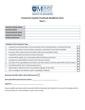 Fillable Online Preservice Teacher Practicum Readiness Form Year 1 Fax