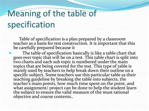 Table Of Specification Pptx Standardized Testing Educational Assessment