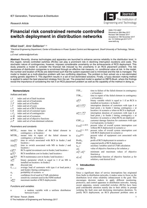 Pdf Financial Risk Constrained Remote Controlled Switch Deployment In Distribution Networks