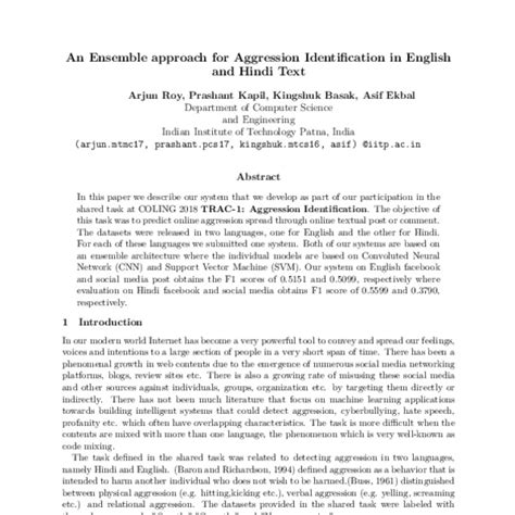 An Ensemble Approach For Aggression Identification In English And Hindi Text Acl Anthology