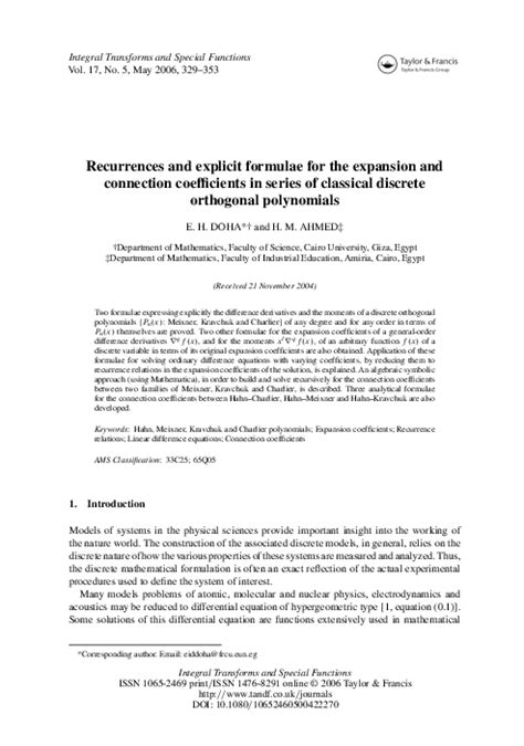 Pdf Recurrences And Explicit Formulae For The Expansion And
