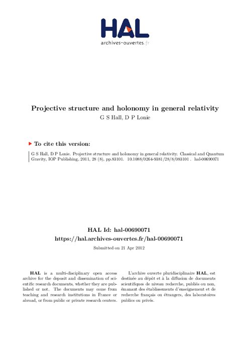 Pdf Projective Structure And Holonomy In General Relativity