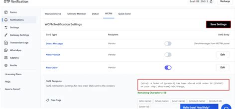 configure wcfm notification in otp verification plugin on wordpress