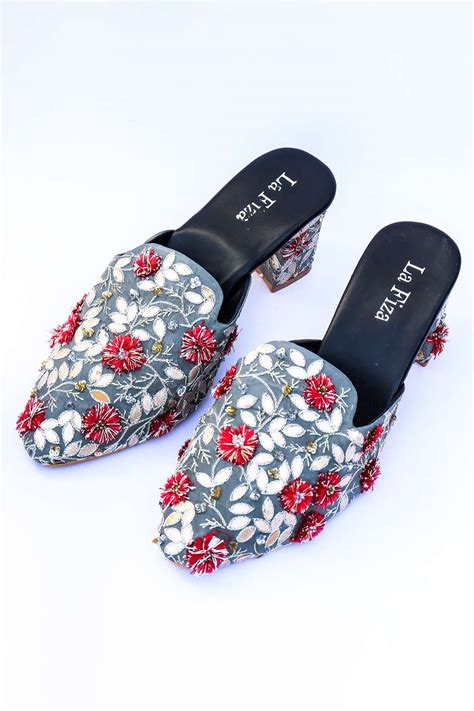 Buy La Fiza Grey Vegan Leather Hala Embroidered Pointed Toe Block Heels