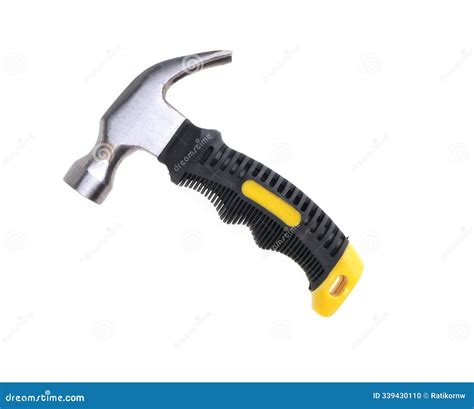 New Small Hammer With A Black And Yellow Rubber Handle Isolated On White Background Stock