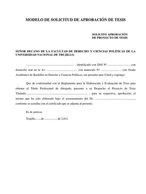 Modelo De Solicitud De Aprobación De Tesis