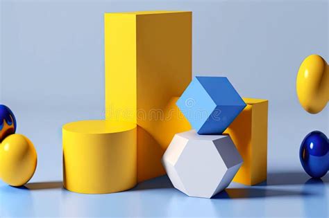 Yellow Blue Installation Of Geometric Three Dimensional Shapes As 3d