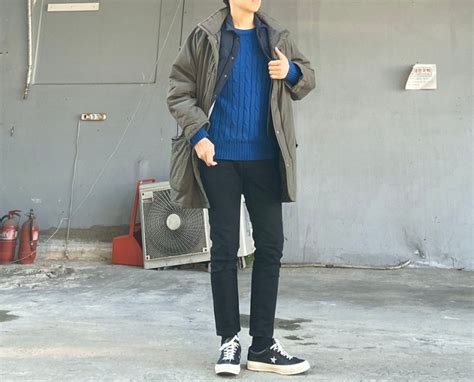 남자 겨울 야상 코디 파란색 니트 블랙진 컨버스 원스타 레더 네이버 블로그