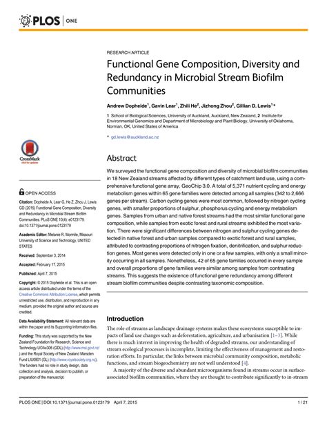 Pdf Functional Gene Composition Diversity And Redundancy In Microbial Stream Biofilm Communities