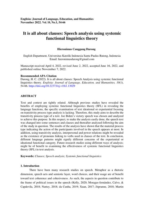 Pdf It Is All About Clauses Speech Analysis Using Systemic Functional Linguistics Theory