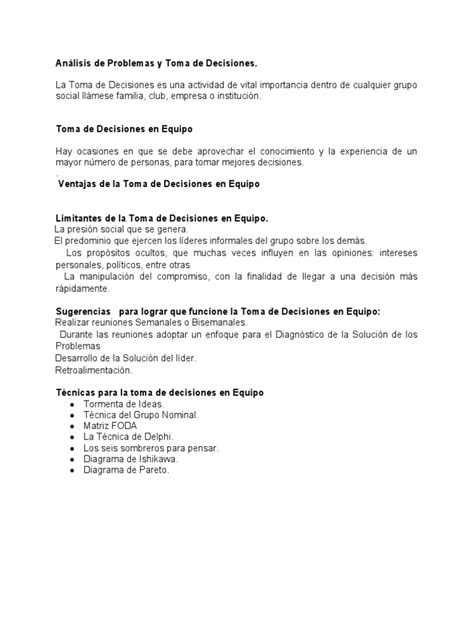 Análisis De Problemas Y Toma De Decisiones Sac Pdf