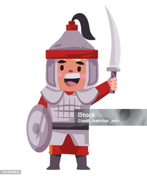 아시아 몽골 전사 홀시그 검과 고대 철제 갑옷과 헬멧으로 방패 방패에 대한 스톡 벡터 아트 및 기타 이미지 방패 사람 얼굴