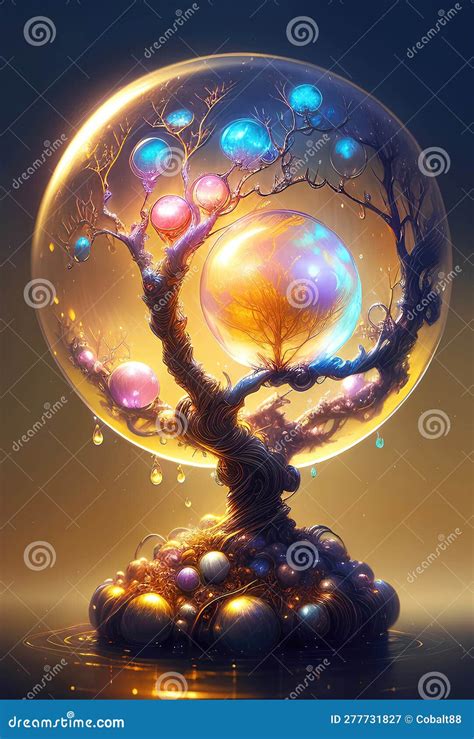 A Bonsai Tree Inside A Glass Ball With Water Drops Illustration