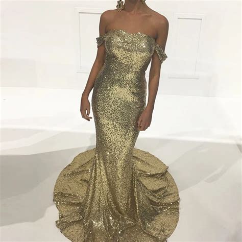 Off The Shoulder Slash Neck Gold Sequined Party Dress Backless Maxi