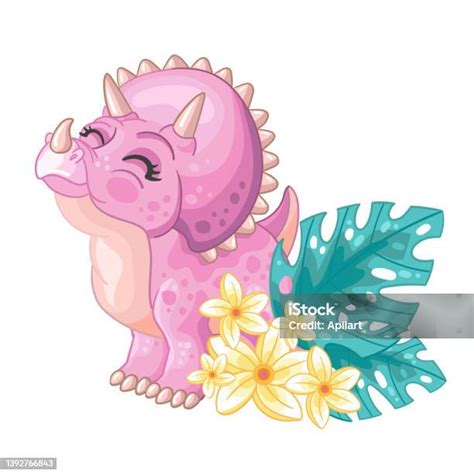 귀여운 만화 핑크 트리케라톱스와 꽃 벡터 고립 된 일러스트 레이 션 고대의에 대한 스톡 벡터 아트 및 기타 이미지 고대의 공룡 과거 Istock