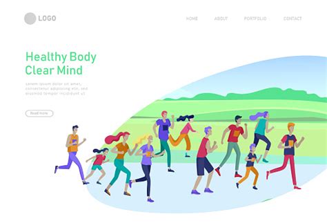 실행 그룹 사람들과 방문 페이지 템플릿 사람들 운동을하고 남자 일몰에 실행 커플 치유 생활 개념 스포츠 야외 활동을 수행하는 사람들 만화 Mental Wellbeing에