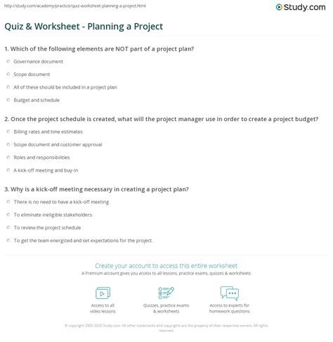 Quiz And Worksheet Planning A Project
